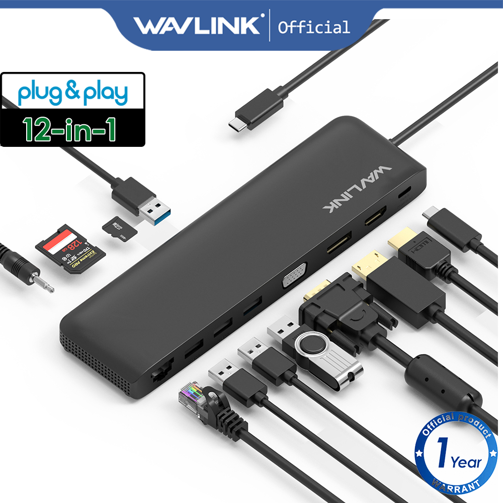 Wavlink USB C 12-in-1 Hub/ Docking Station, Triple Display Type-C Adapter Display Port and VGA ...