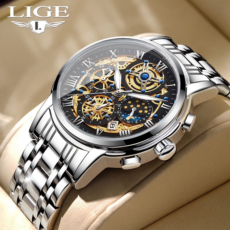 LIGE Original Watch For Men Waterproof Stainless Steel Silver/Gold ...