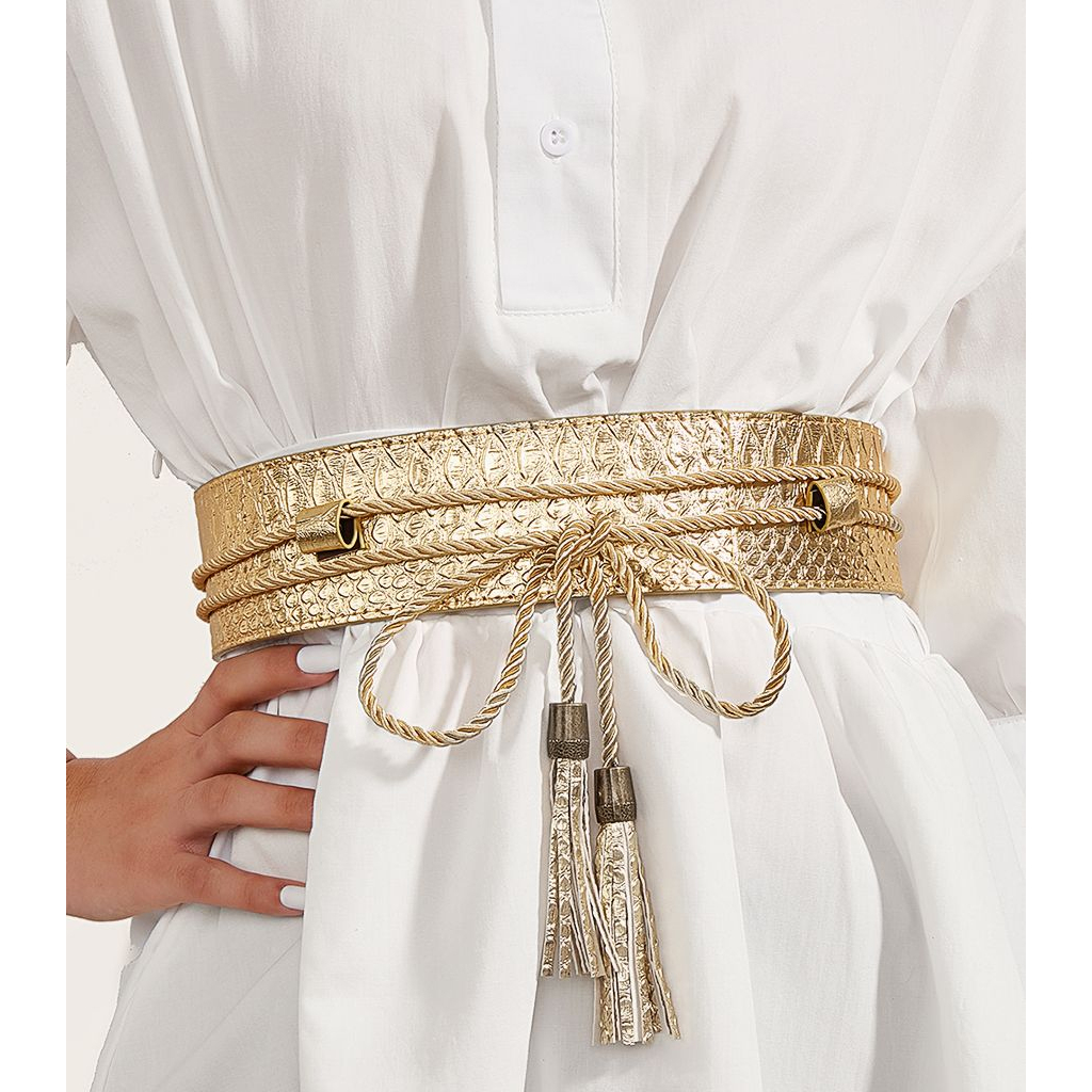 Woman 6cm wide Faux Leather Rope Tie Belt Embellished Celeb Snake Skin ...