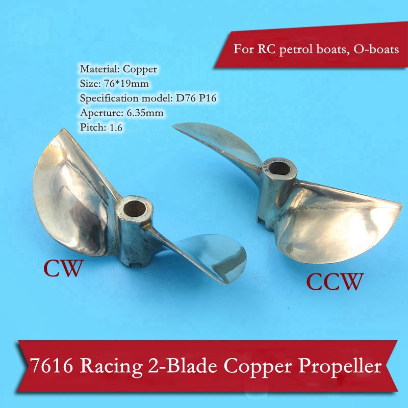 RC Boat 2-blade Propeller 76mm Prop Brass Pitch 1.6 Hole 6.35mm(1/4 ...