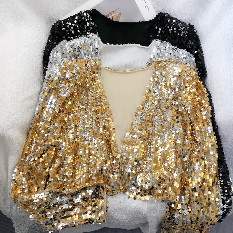 glitter jacket V neck gold cardigan outfit for women Long Sleeve ...