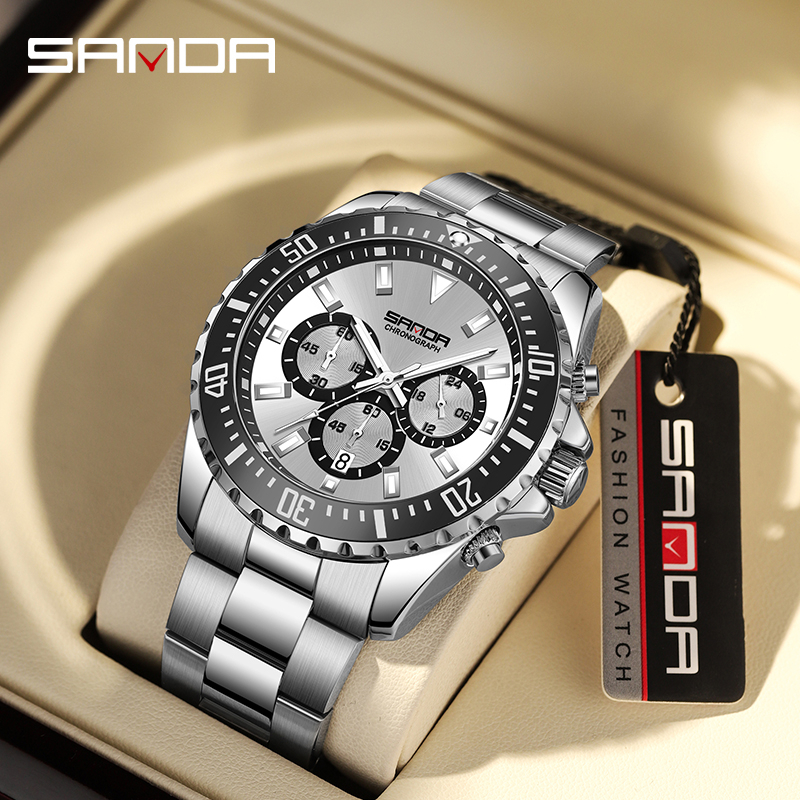 SANDA Luxury Steel Band Calendar Men's Quartz Watch Simple Three Eyes ...
