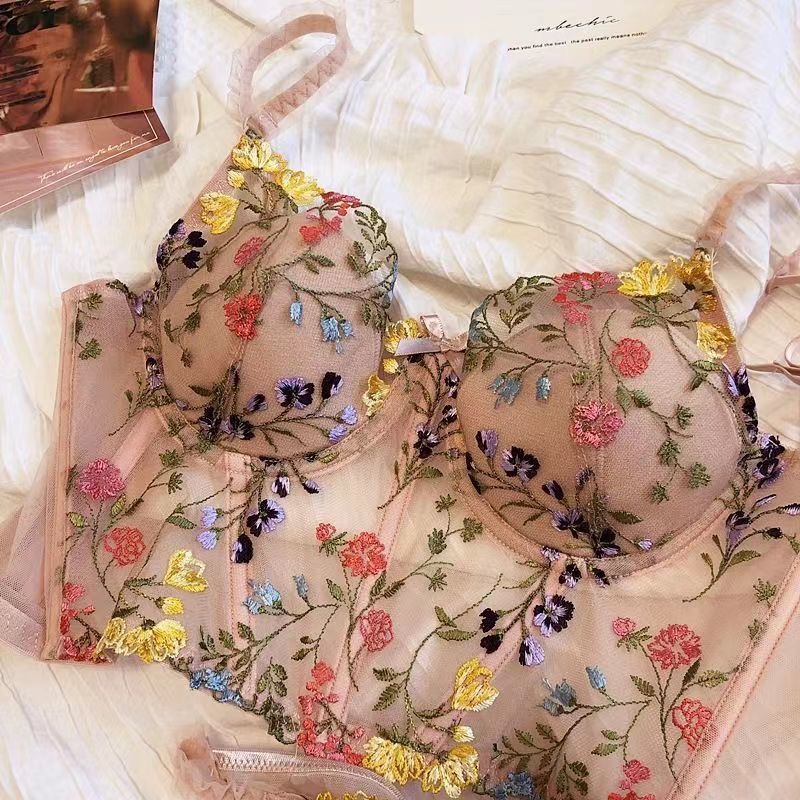 Womens French Sexy Embroidered Lace Thin Latex Cup Soft Underwire