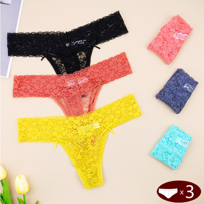 3pcs Women G String Lace Thong Underwear Femal Sexy T Back Thongs