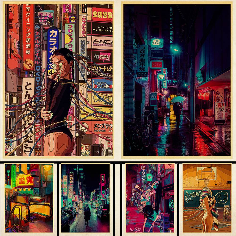 Night Neon City Street Poster Aesthetic 80s illustration Fantasy Car ...