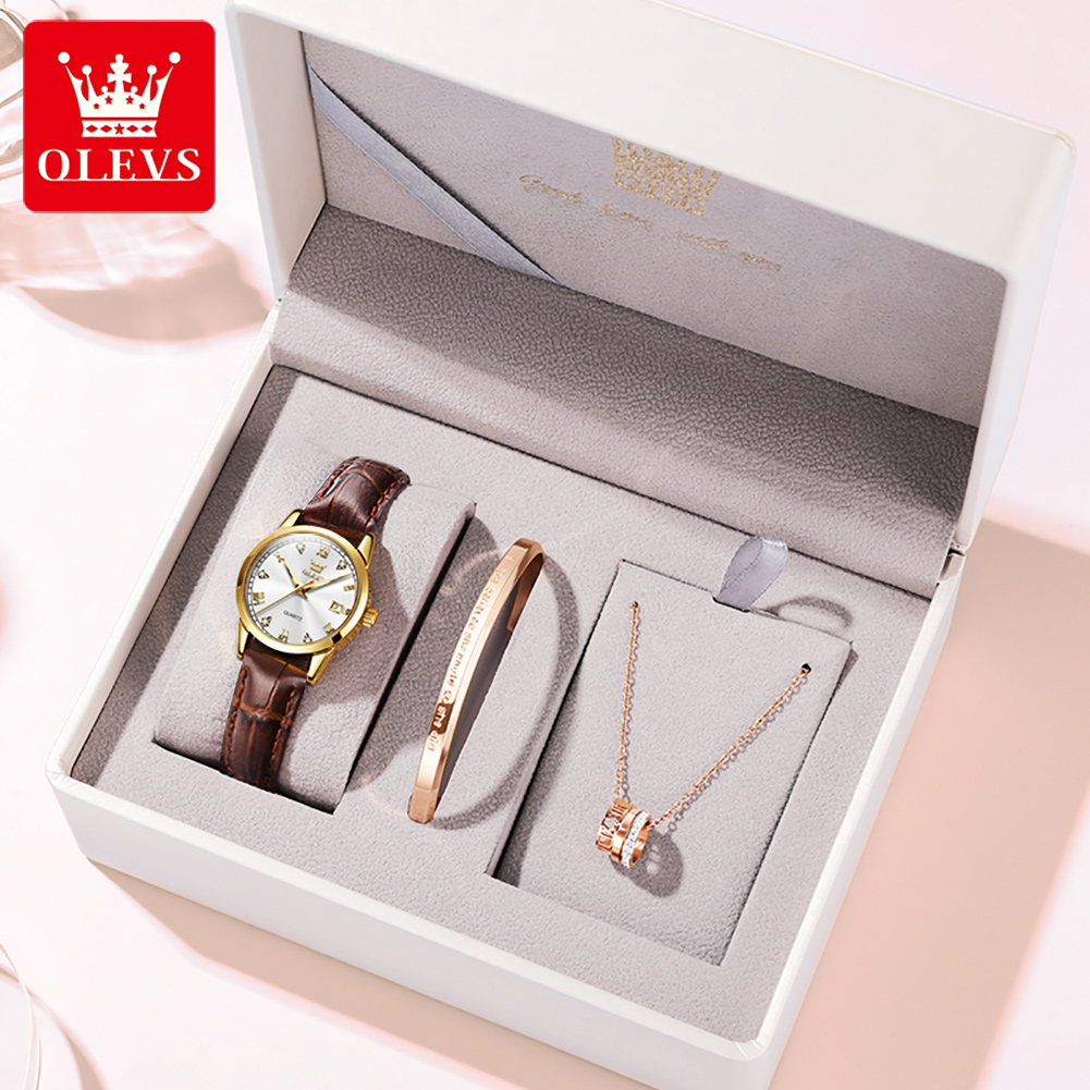 OLEVS Watch For Woman Women Set Gift Box Waterproof Original Leather ...