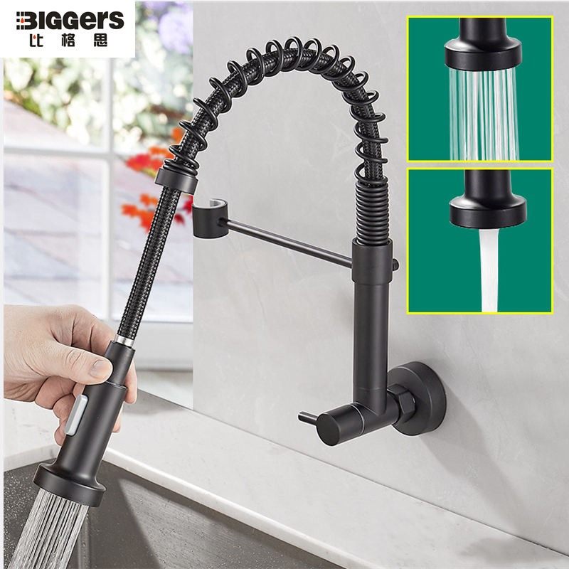 Biggers Brass Black Color Wall Mounted Kitchen Faucet Pull Out Sink Tap ...