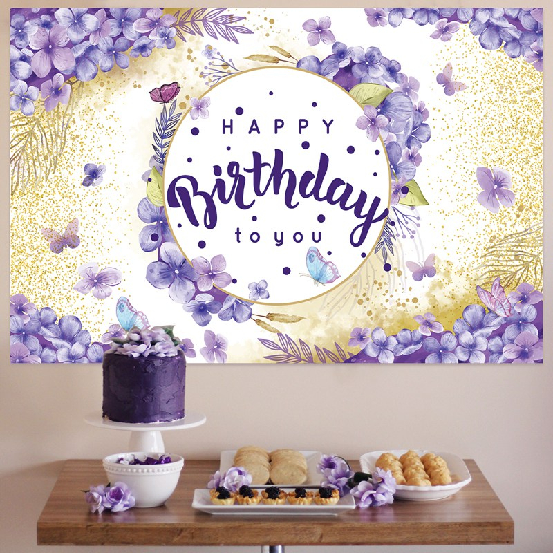 1*1.5M Pink Purple Flowers Happy Birthday Banner Purple Ink Flower ...