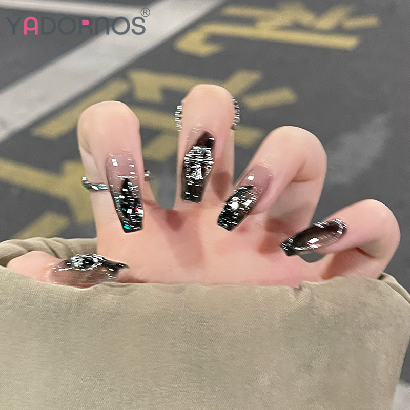 24pcs Glossy Dark Gothic Style False Nails Punk Black Fake Nails Art ...
