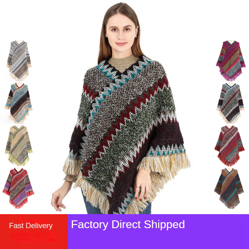 Color Ethnic Style Pullover Cloak Female poncho Acrylic Women's Knitted ...