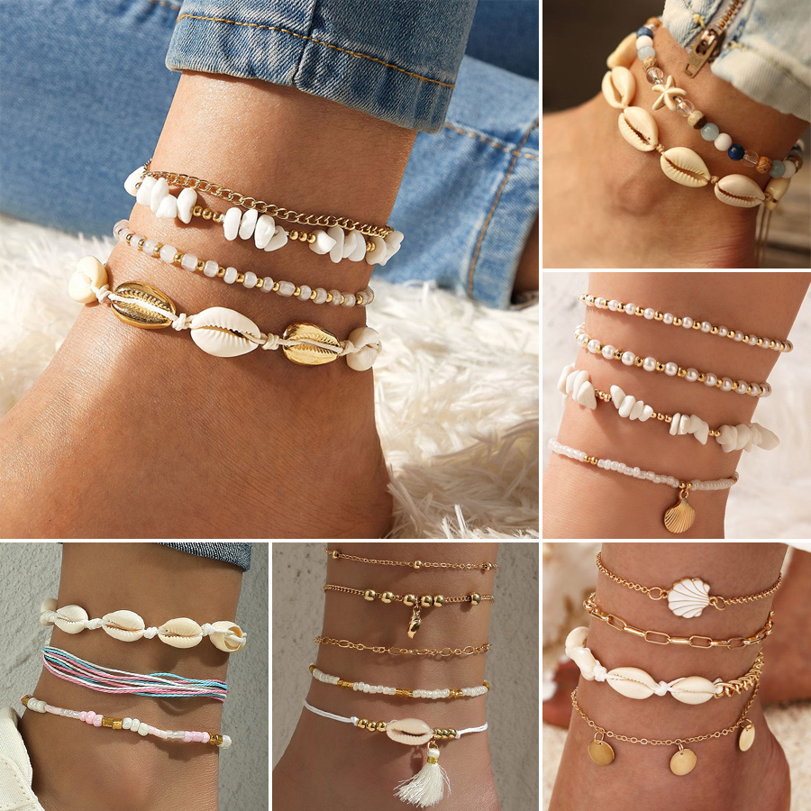 Bohemian Multilayer Natural Seashells Anklet Set Bracelet Beach ...