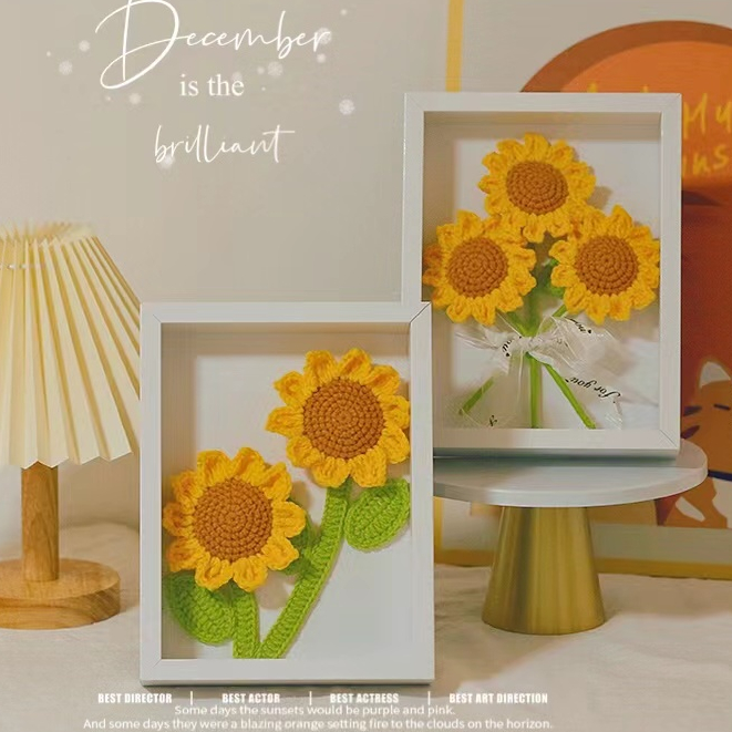 Hand-woven diy photo frame, sunflower bouquet, wool homemade crochet ...