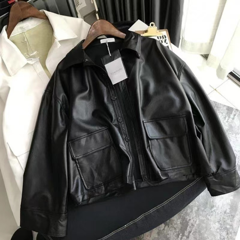 Women Fashion PU Leather Jacket Black Outwear Women's Loose Coat Ready ...