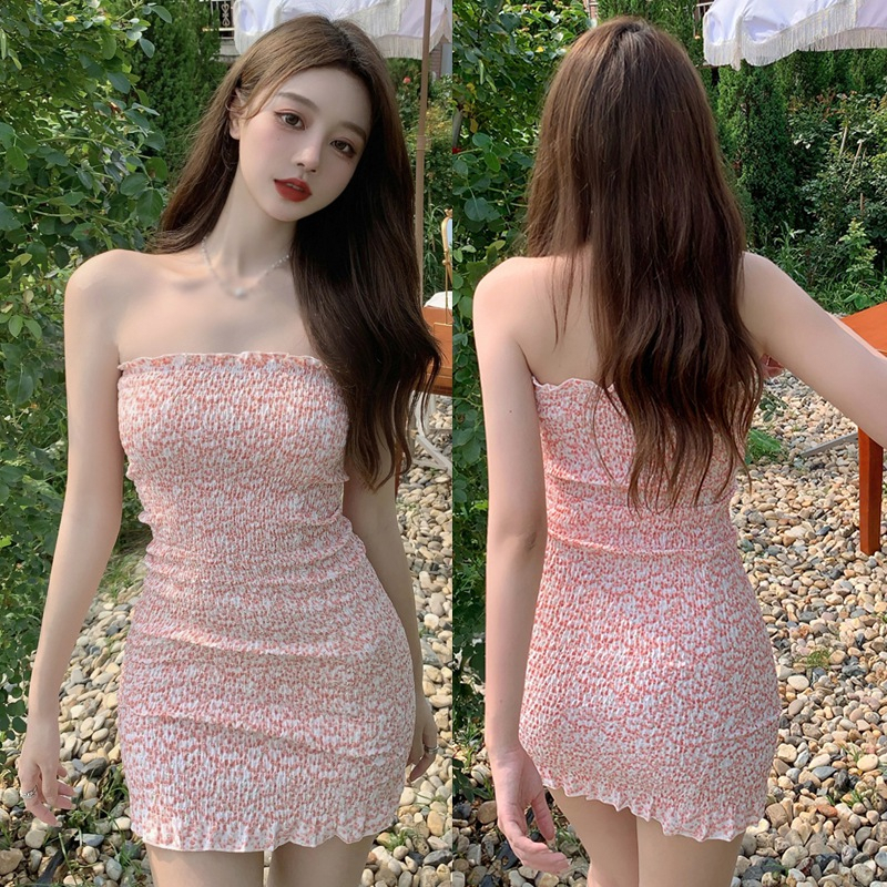 Women's Sexy Chiffon Tube Top Dress Floral Waist Bag Hip Summer Dress ...