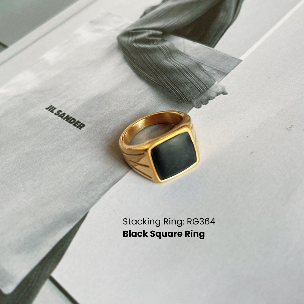 Vintage Black Square Gold Ring • Waterproof Non-Fade Tarnish • 18K Gold ...