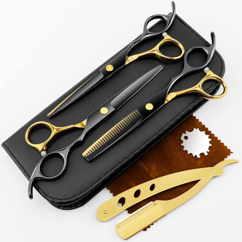 Black Gold Hair Cutting Scissors Kit Professional Stainless Steel Barber Straight Hair Cutting ...