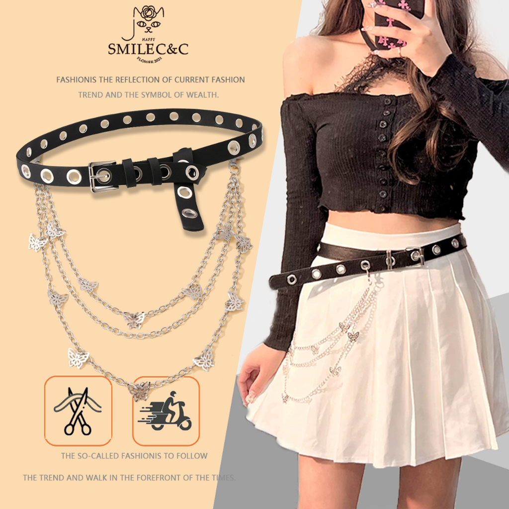 SmileFairyCC【COD & Ready Stock】 Fashion Pu Leather Rock Punk Hip Hop butterfly chain Metal Waist ...