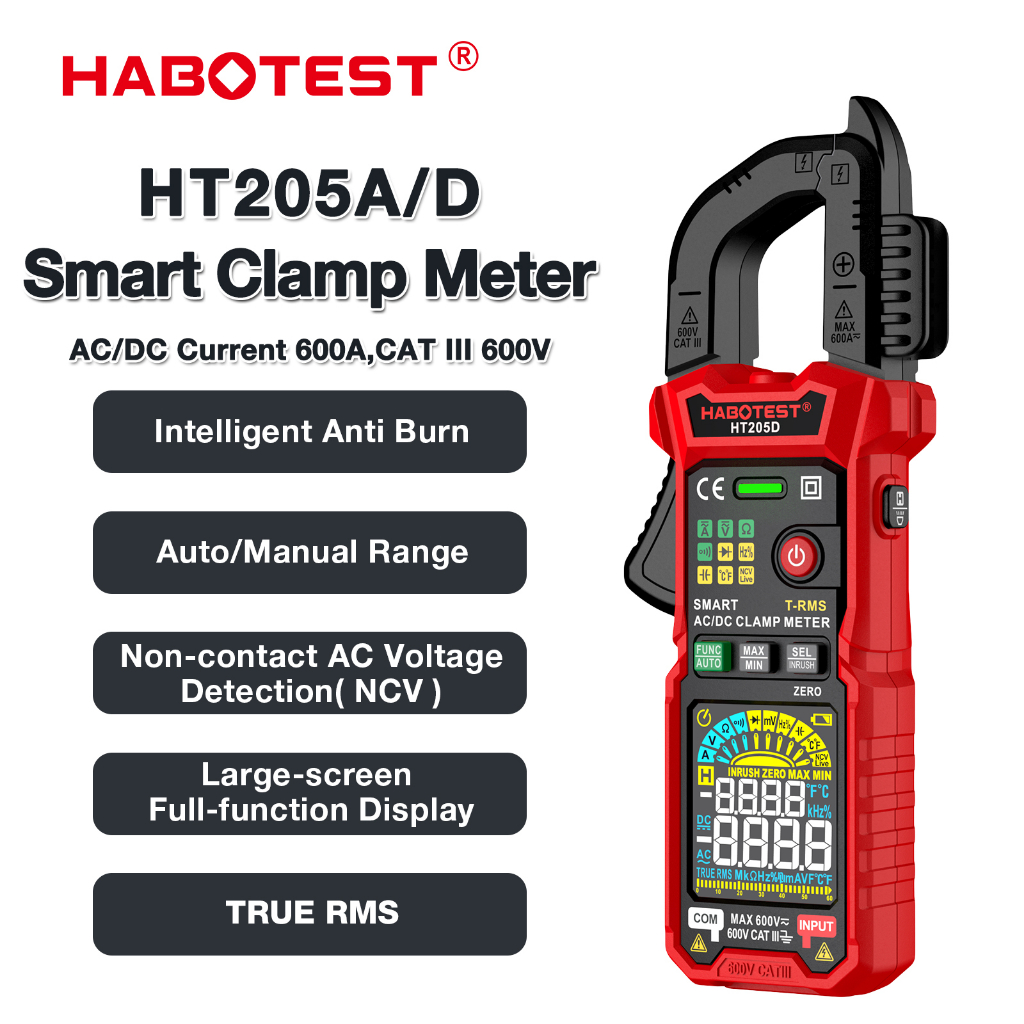 HABOTEST HT205 Clamp Meter 600A AC/DC Voltage Detector Digital ...