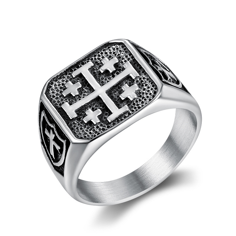 Stainless steel retro color Jerusalem Cross Men's Ring T-shaped Cross ...