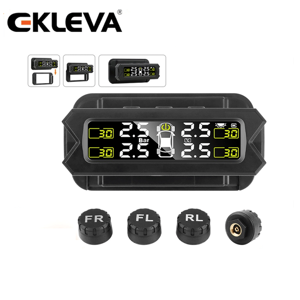Ekleva Car Tpms Tire Pressure Alarm Monitoring System Solar Power Charge Add Bracket Adjust The ...