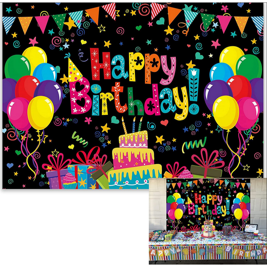 Colorful Happy Birthday Backdrop Balloons Gifts Colorful Cake Black ...
