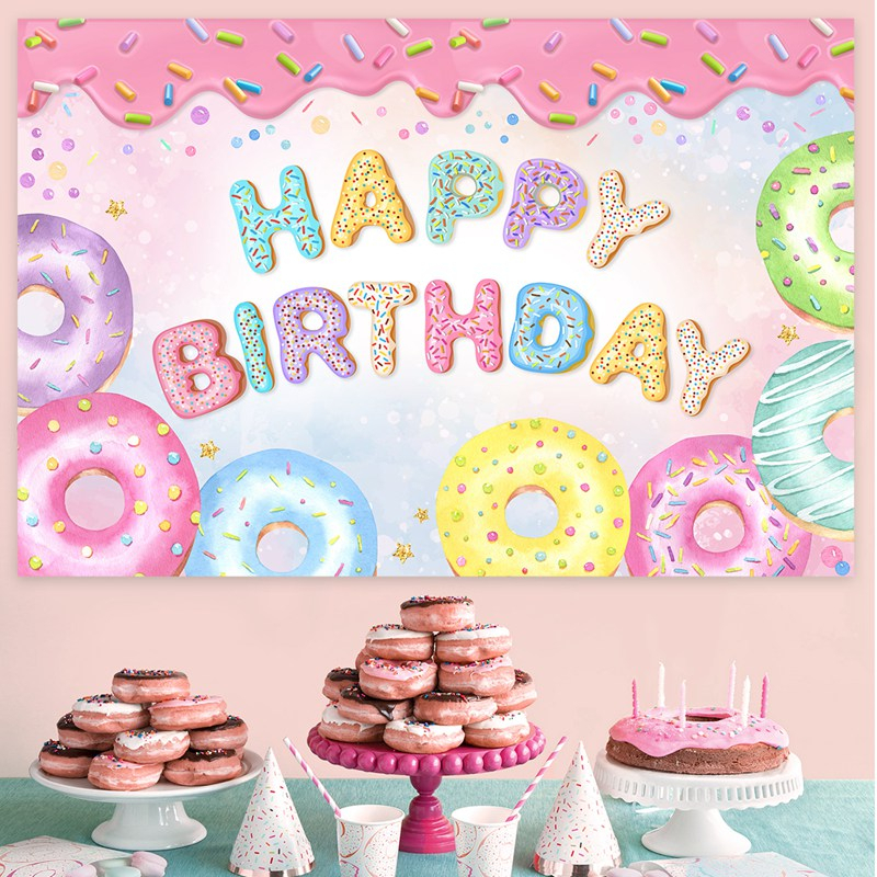 100x150CM Donut Birthday Backdrop Doughnut Happy Birthday Banner For ...