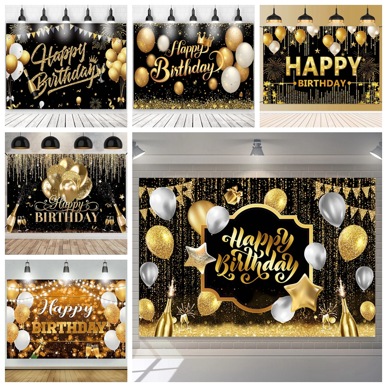 Gold Glitter Happy Birthday Party Backdrop For Photo Black Adult 18 20 30 40 50 60st Birthday ...