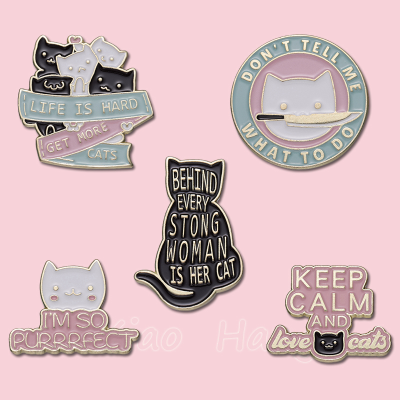Cute Cat Enamel Pins Quotes Text Brooch Badges Cat Lapel Pin Funny ...