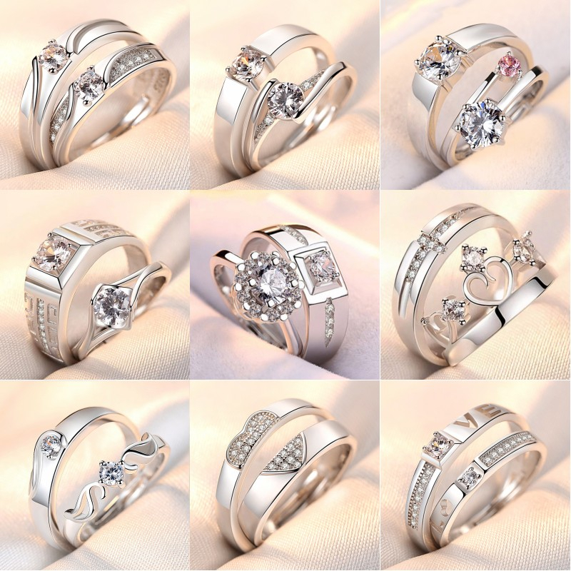 2 Pcs Fashion Exquisite Zircon Promise Ring Sets Love Adjustable S925 ...