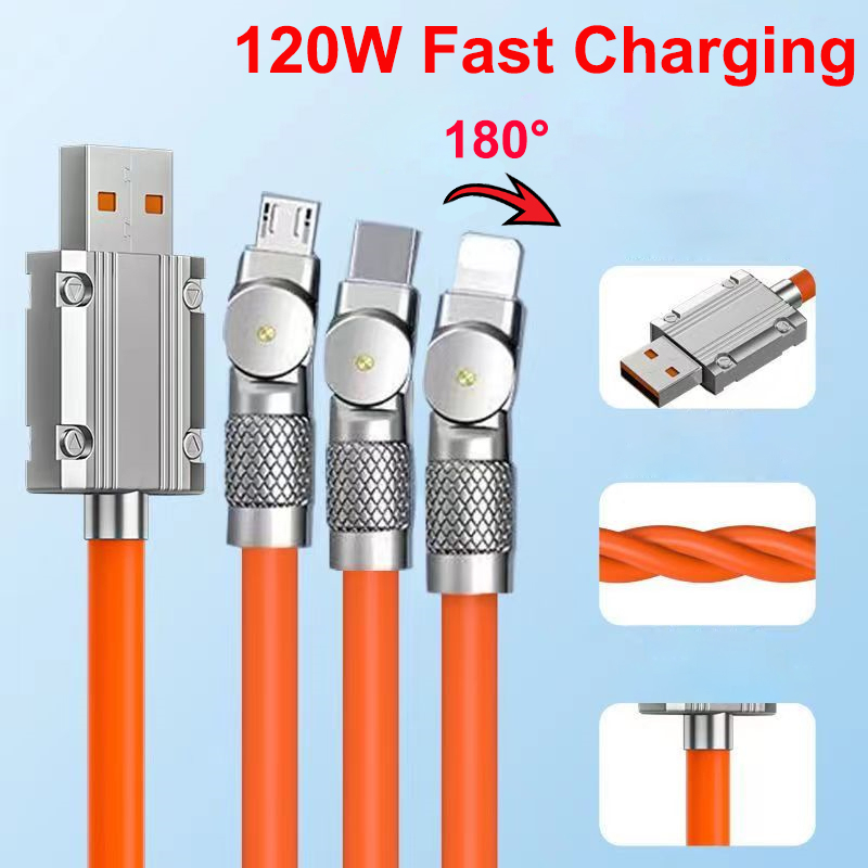 3 In 1 Type C Micro USB Fast Charging Cable 120W 6A Max Charger Date ...