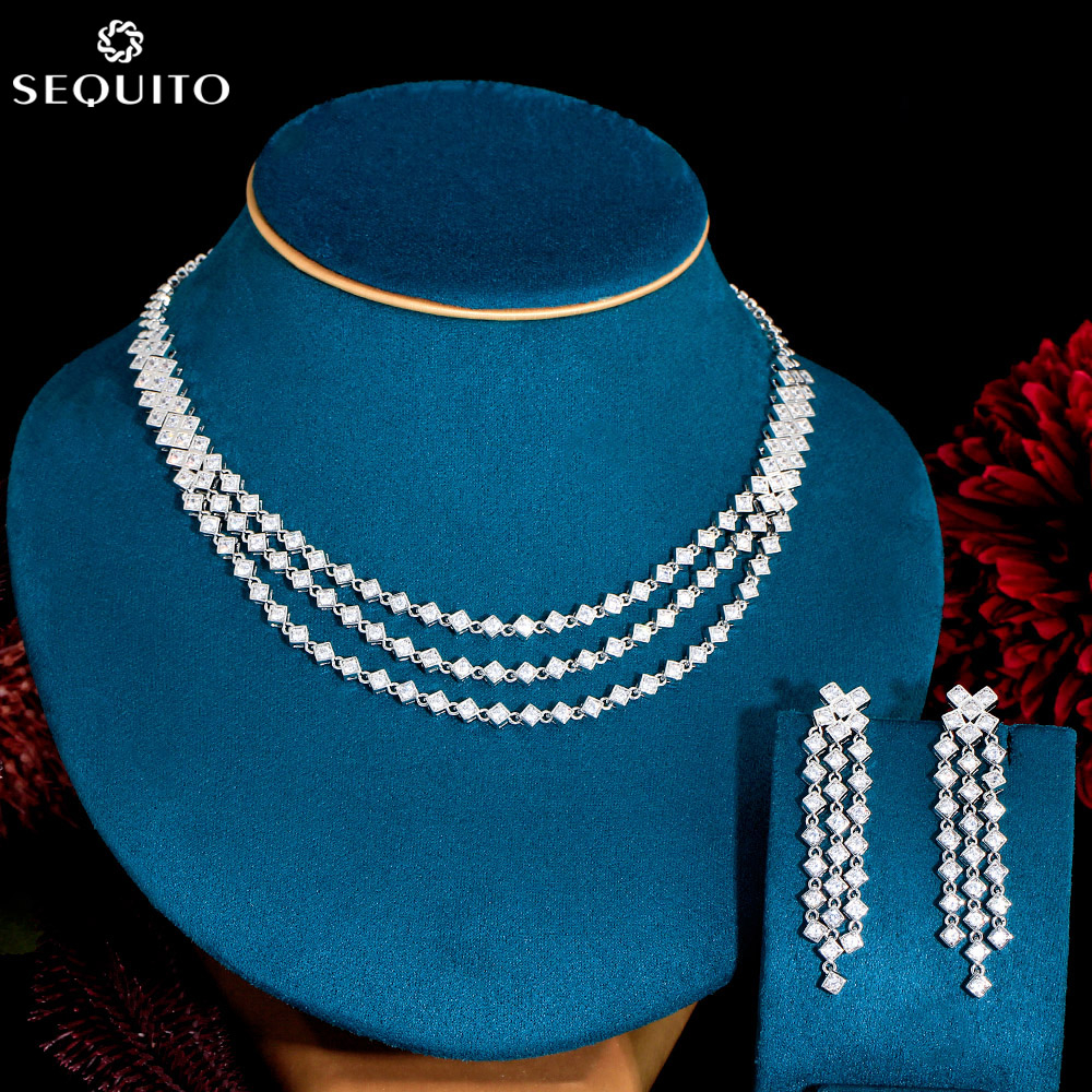 SEQUITO Women Luxury Jewelry Set White Gold Color Pave Shiny AAAAA ...