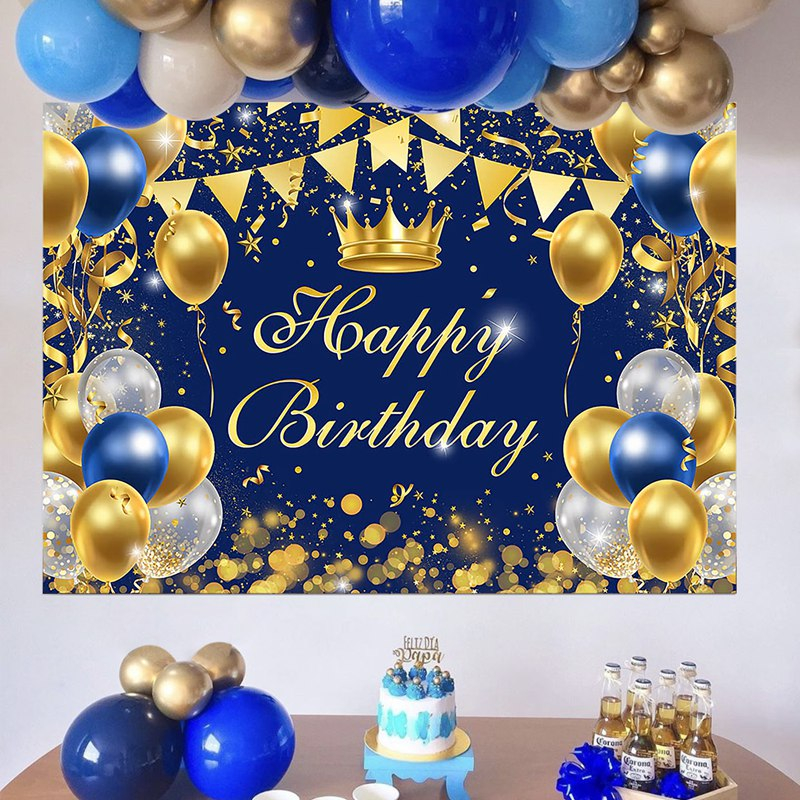 Gold Glitter Happy Birthday Backdrop Curtain Blue Gold Balloon Beer ...
