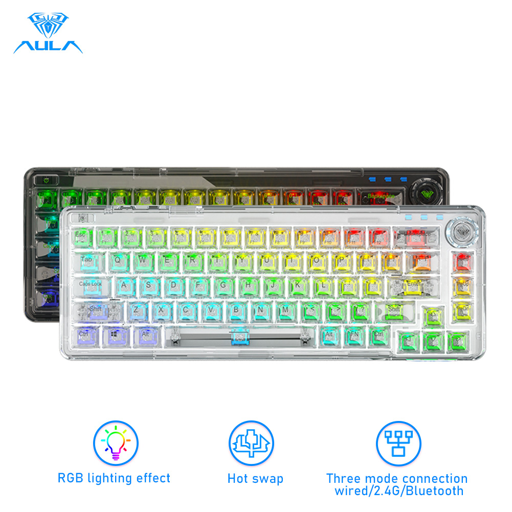 AULA F68 68 key Mechanical Keyboard 2.4G Bluetooth Wired Transparent ...