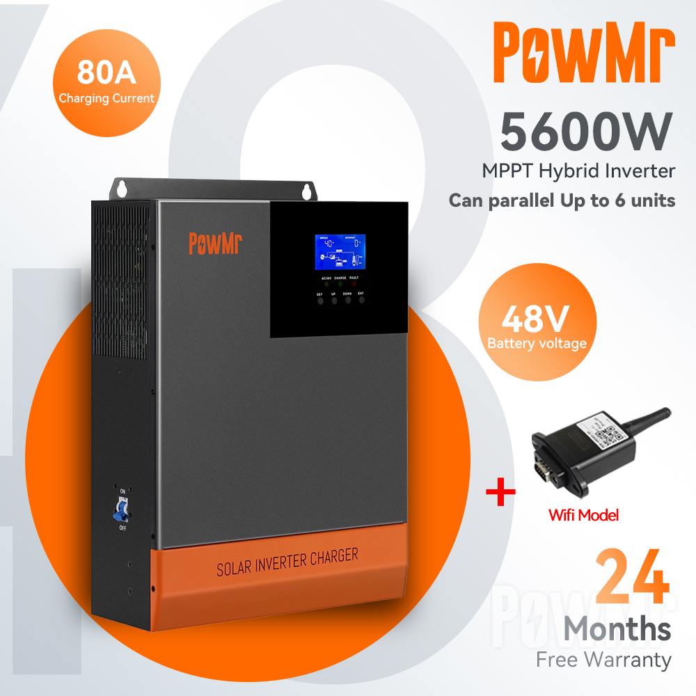 PowMr 5.6KW MPPT Solar Hybrid Inverter Built-in 80A Solar Charge Controller 500VDC Support 48V ...