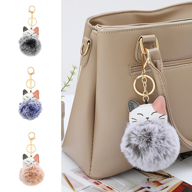 Cute Fur Ball Keychain Cat Soft Pompom Ladies Bag Accessories Car Key ...
