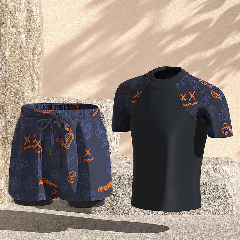 Men T-shirt + Shorts Swim Suit 2 Set Swimming Sportwear Quickdry ...