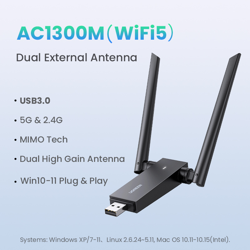 UGREEN WiFi Adapter USB3.0 AC1300Mbps 5G&2.4G Dual-Band USB WiFi for PC ...