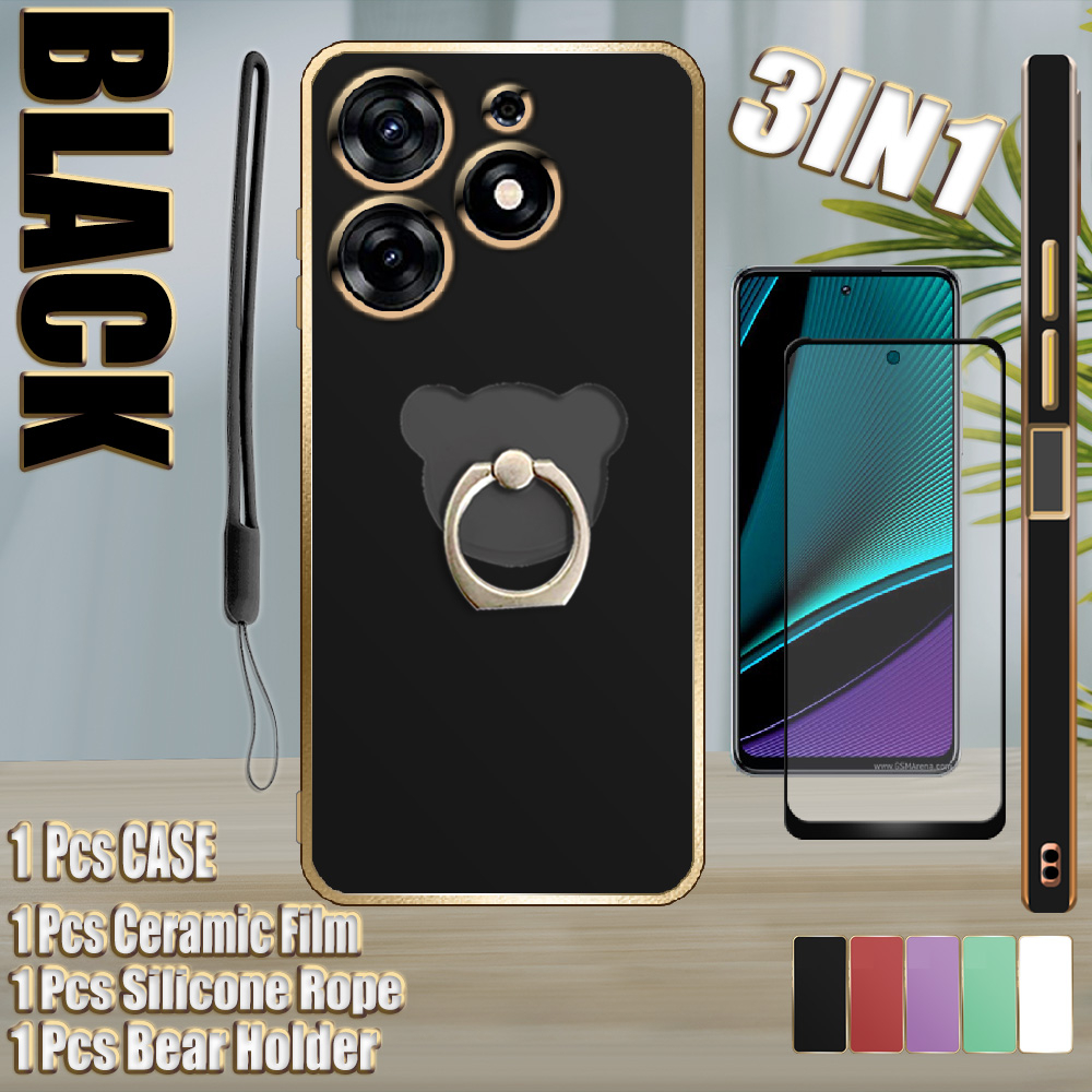 3 In 1 For Tecno Spark 10 Pro Ki7 Soft Silicone Electroplated Case With Tempered Glass Curved