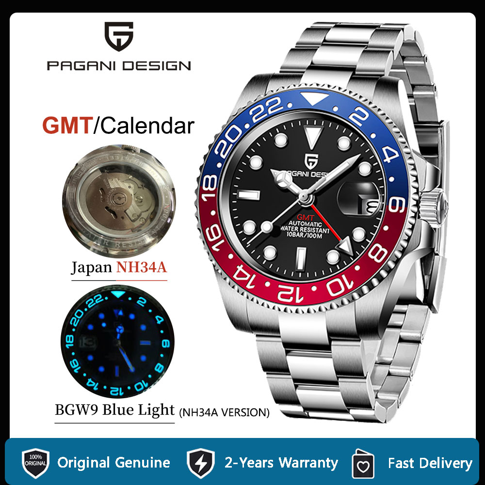 PAGANI DESIGN Men Watch Automatic Mechanical GMT Sapphire Glass Calendar Stainless Steel Sport ...