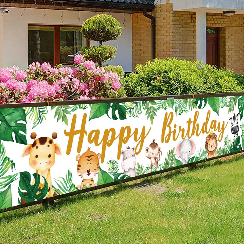 35X180cm Safari Theme Polyester Gold Happy Birthday Banner Wall Design ...