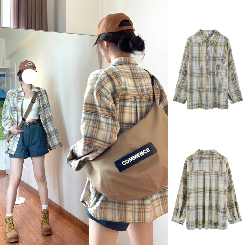 Korean Single Breasted Polo Collar Plaid Shirt Womens Loose Long