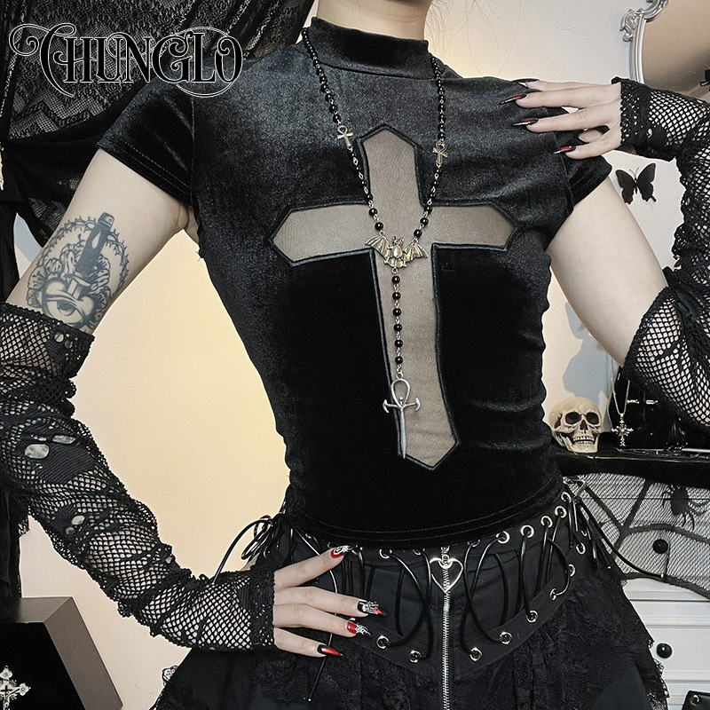 Chunglo Cross Sheer Mall Gothic T Shirts For Woman Grunge Aesthetic