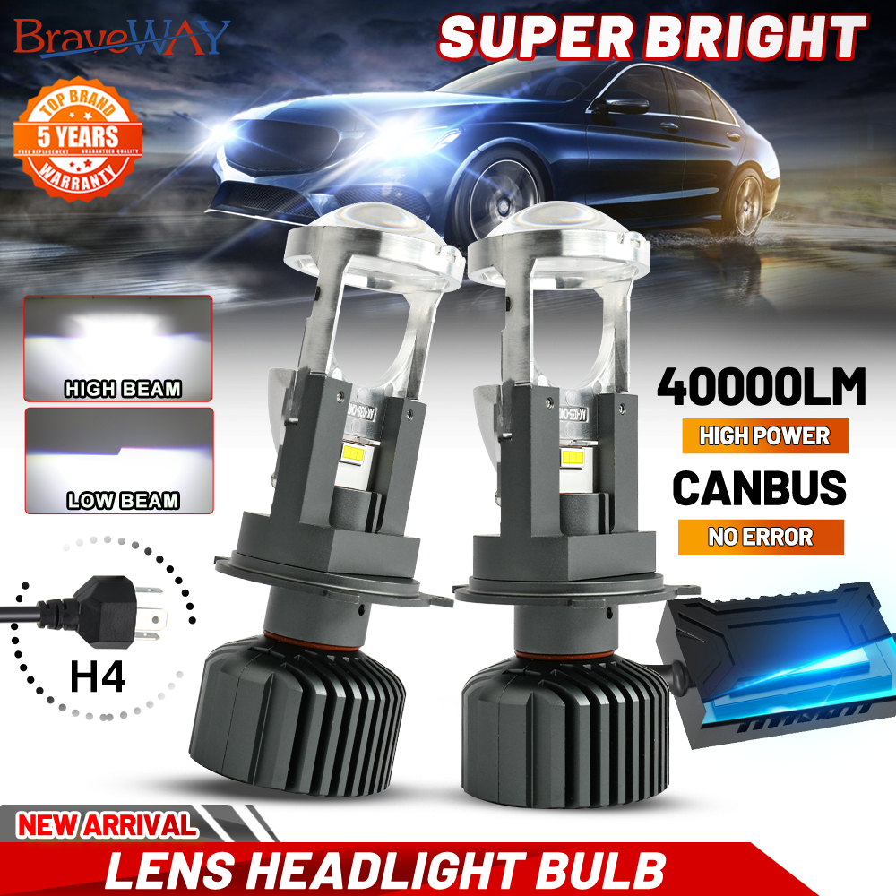 H4 LED Projector 40000LM 200W/Pair Car Headlight Bulbs Bi LED Mini Lens ...