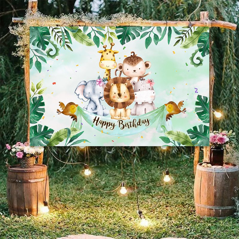 100x150cm Safari Theme Polyester Happy Birthday Banner Jungle Animal ...