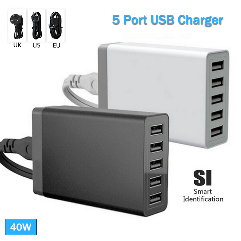 Multiple USB Smart Charger Quick Charge Station 40W 5-Port Fast Charger ...