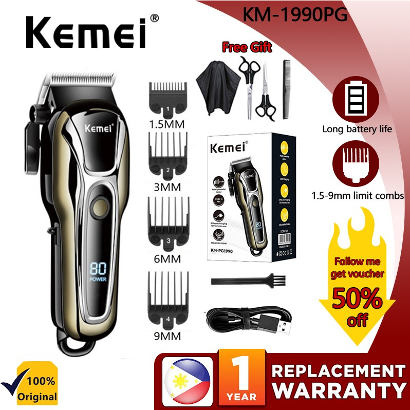 Kemei KM-1990+PG Rechargeable Hair Clipper Shaving Razor Professional Hair Clipper Trimmer for ...