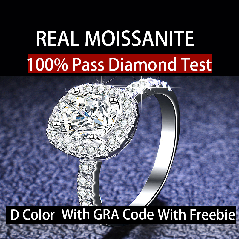 Real Moissanite 0.5ct 1ct 2ct 3ct Luxury Round Cut With Square Halo Setting White D Color Ring ...
