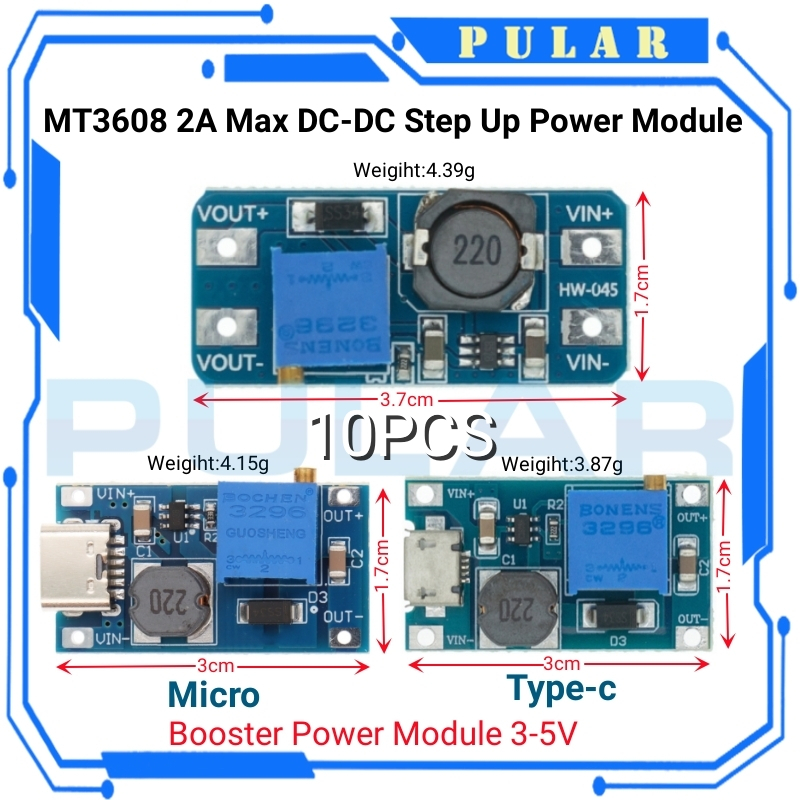 10PCS MT3608 2A Max DC-DC Step Up Power Module Booster Power Module 3-5V to 5V/9V/12V/24V ...