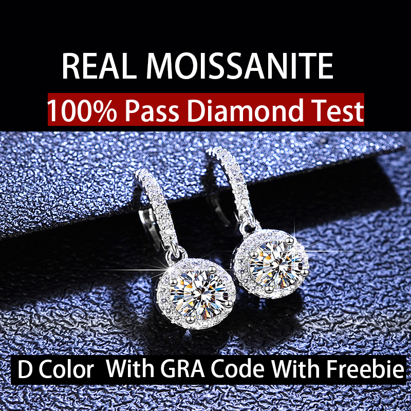 Real Moissanite 1ct Luxury Round Cut White D Color Earrings In S925 Sterling Silver With GRA ...