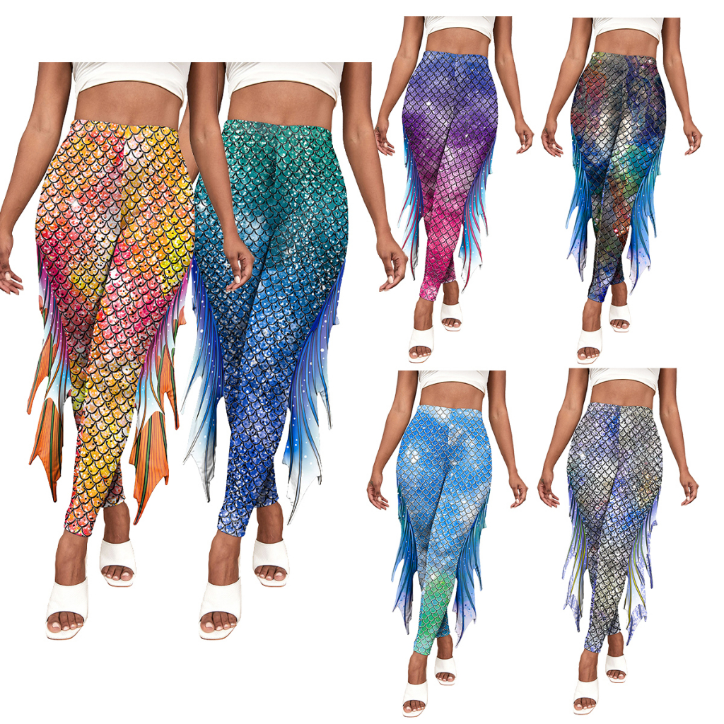Mermaid Cosplay Pants Fish Scales Printed Leggings Woman Summer Sexy ...